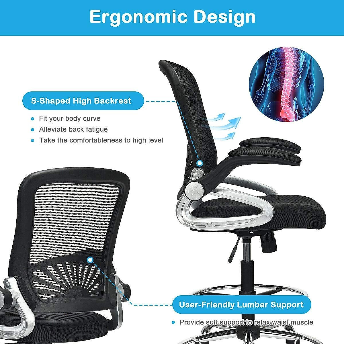 POWERSTONE Drafting Chair, Tall Office Chair for Standing Desk with Footrest and Flip-Up Armrests Ergonomic Adjustable Height Stool Computer Chair