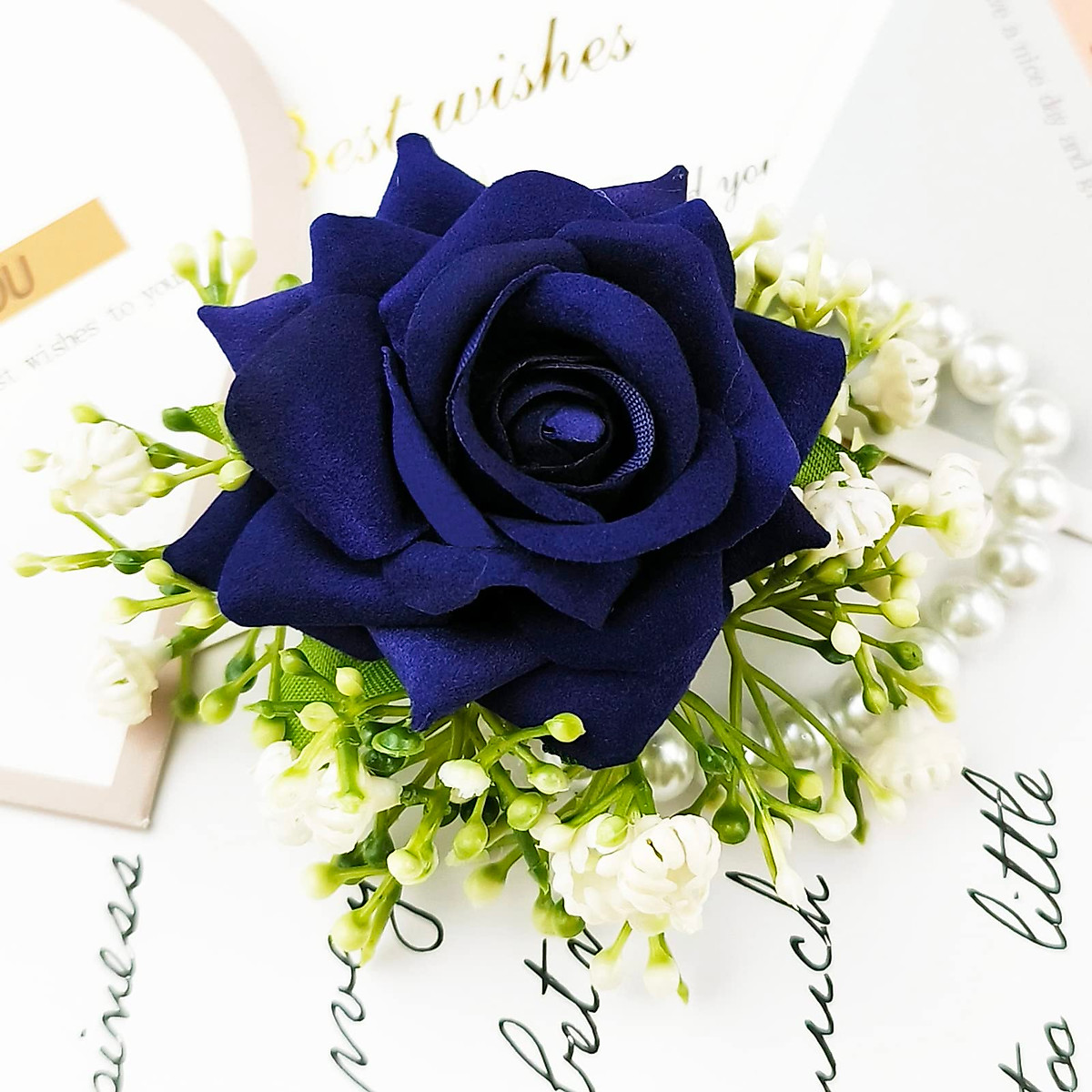 MAFELOE 2Pcs of Wrist Corsage and Boutonniere Set, Artificial Flowers Accessories Suit Decor for Wedding Prom Party Homecoming Ceremony Anniversary - Navy Blue