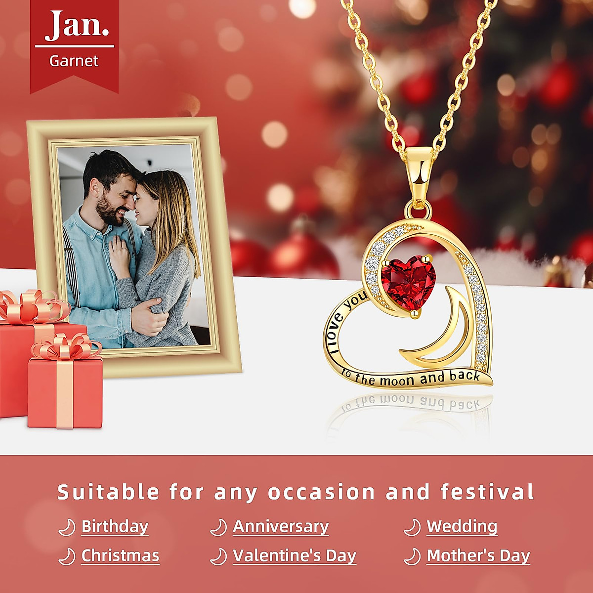 DFUNH Heart Necklace for Women Gold Necklace for Womens Birthstone Jewelry for Women Necklaces for Wife Girlfriend I Love You Necklaces(G-Jan-Garnet)