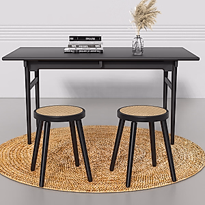 [PJ Collection] Natural Rattan Stool, Handcrafted Wood, Lightweight, Hand-Woven, No Tool Assembly (Round, Black)