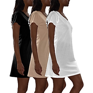 Sexy Basics Women's Cotton Soft V-Neck Sleepwear Shirt/Nightwear Shirt -Pack of 3 (3 Pack -Black/Nude-Khaki/White, Large)