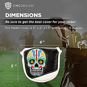 CMC Design Golf Mallet Head Cover - Custom Sugar Skull with Web Embroidered Golf Driver - Premium Faux Leather, Beautiful Design Elements & Soft Protective Lining – Great Fit for Any Mallet & Golfer