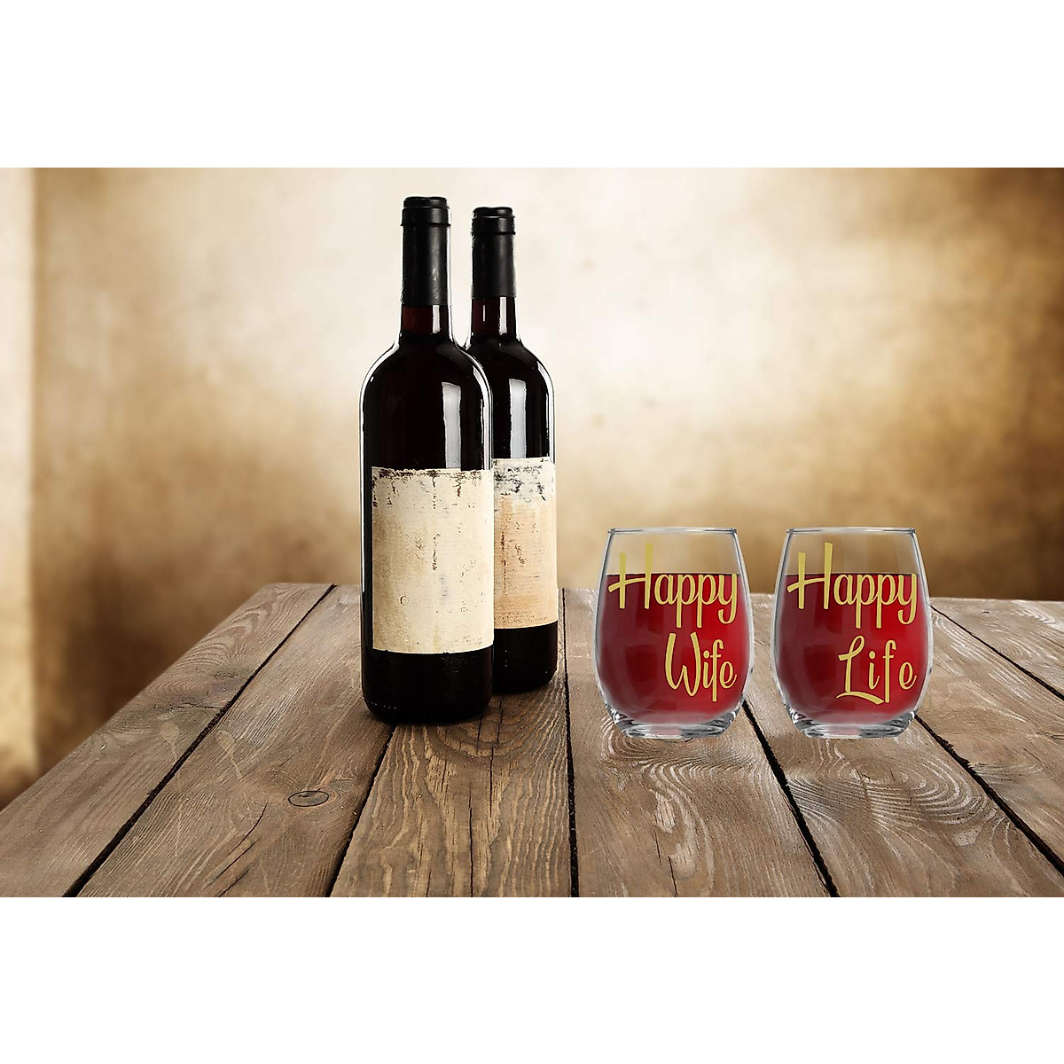 Happy Wife, Happy Life - 15oz Crystal Wine Glasses - Couples Stemless Wine Glasses – His And Hers Gifts Ideas For Anniversary, Weddings, Bridal Showers