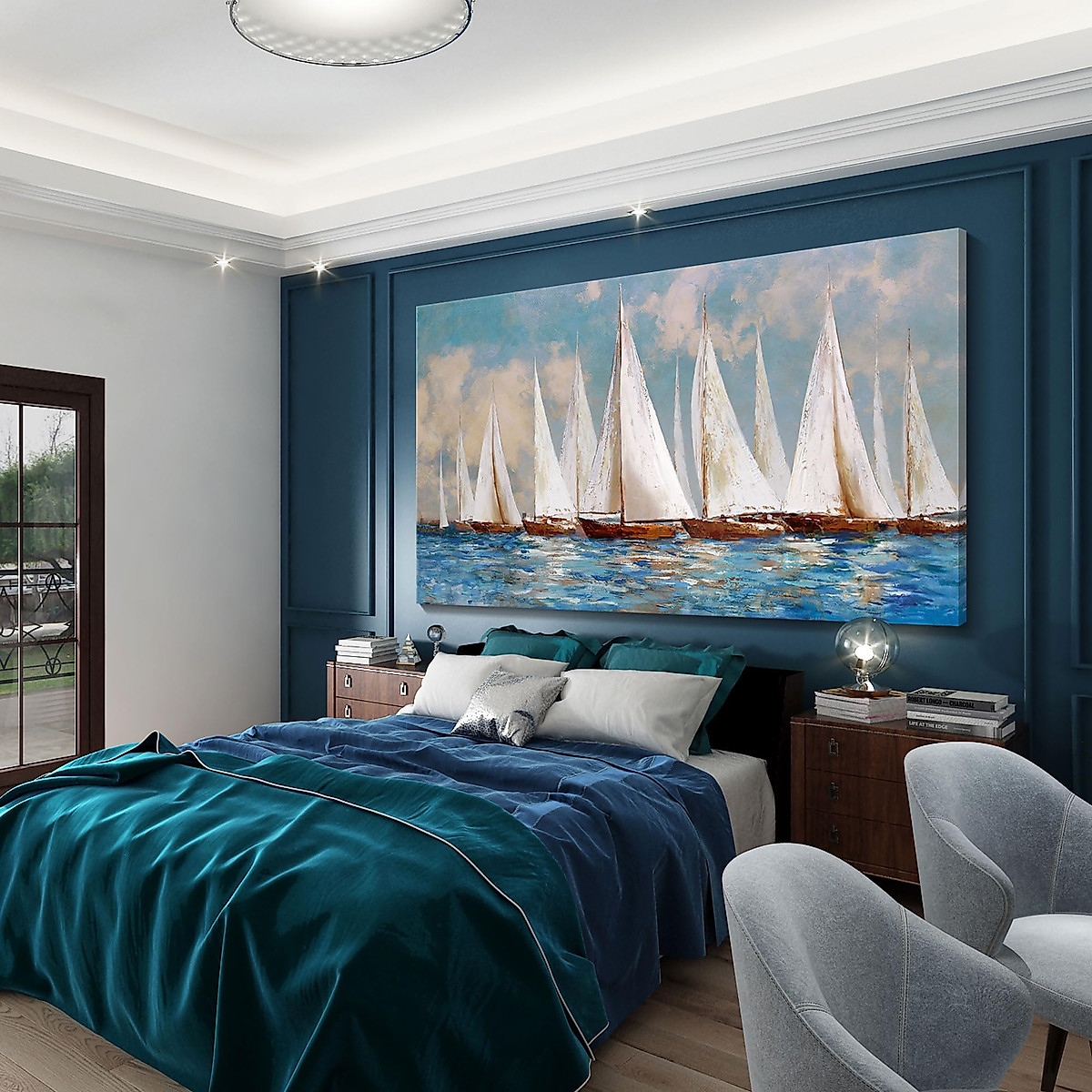 KLAKLA Large Canvas Living Room Wall Art - Partially Hand Painted - Contemporary Art Oil Painting Style & 60x30 inch Blue and White Tone Bedroom Wall Decor