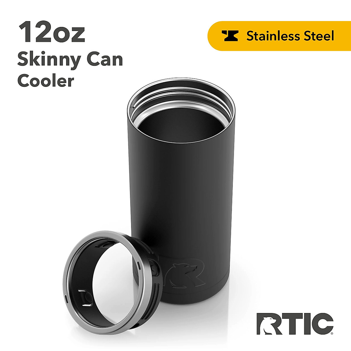RTIC Skinny Can Cooler Slim, Insulated, Beer, Beverage, Soda Can Cooler with Lid, Stainless Steel Metal, Double Wall Insulation Coozie for Cans, Sweat Proof, Fits all 12oz Slim Cans, Black