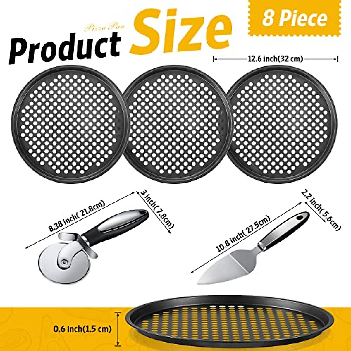 Aoriher 6 Pack 12 Inch Carbon Steel Pizza Pans with Holes, Nonstick, Set of 6, Gray