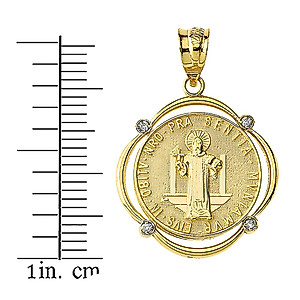 Fine 10k Gold Medalla De San Benito Saint St Benedict Diamond Round Frame Pendant