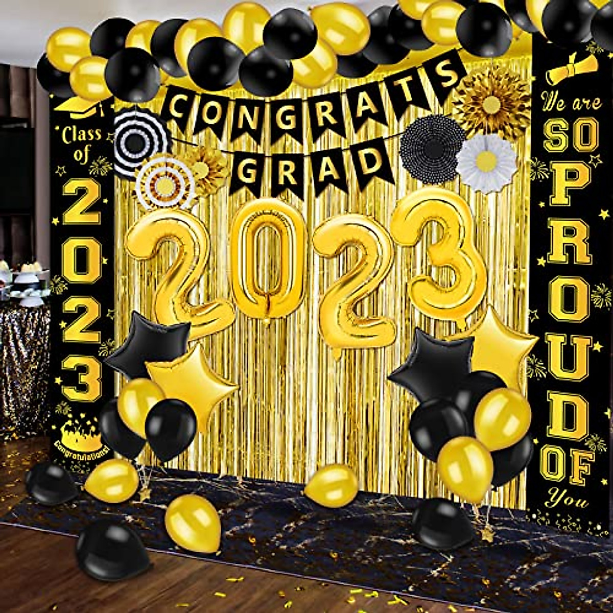 Class of 2023 Graduation Decorations, Black Gold Graduation Party Decor Kits, Banner, Balloons, Large Congrats Grad Party Supplies, Congrats Grad Decorations For Senior High School College Photo Prop