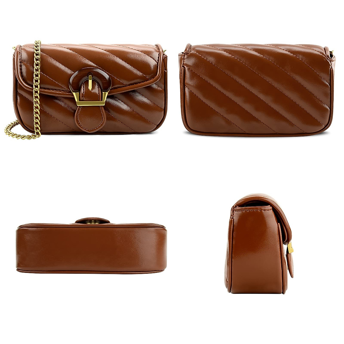 Linkidea Mini Quilted Crossbody Bag for Women, Lattice Brown Shoulder Small Purses, Vegan Leather Cute Cellphone Clutch Evening Handbags with Fashion Chain Strap