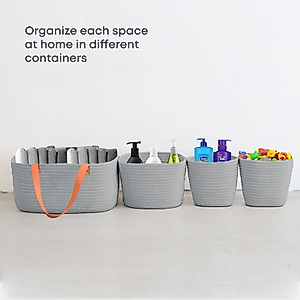 Oliver & Emilia Storage Basket – Portable Small Decorative Woven Cotton Rope Organizer - Leather Handle & Three Removable Bins for Toy, Baby Gift, Laundry, Living Room, Nursery, Towel, Blanket - Grey