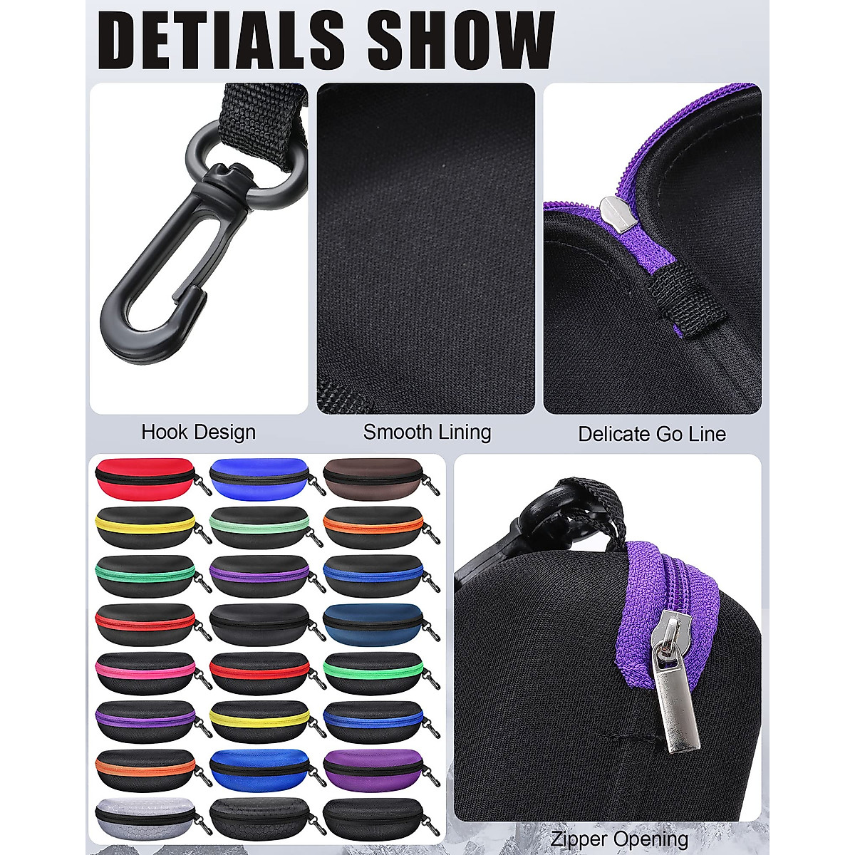 24 Pcs Sunglasses Case Portable Travel Hard Shell Zipper Eyeglasses Frame Glasses Case Summer Eyeglasses Case Sunglass Case with Plastic Hook for Women Men