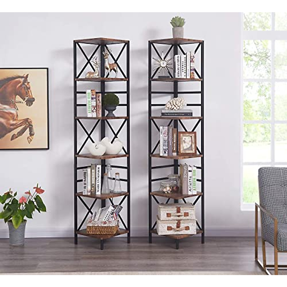 HOMISSUE 6 Tier Industrial Corner Shelf Unit, Tall Bookcase Storage Display Rack for Home Office, Rustic Brown