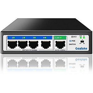 Goalake 5 Port Ethernet PoE Switch (4 Port Poe Switch with1 Uplink Port adn Extend Function) , Unmanaged PoE Switch with 4 Port PoE+@52W, Plug & Play, Fanless & Metal Design , Desktop or Wall Mount