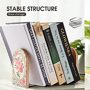 2 Pack Wood Bookends,Shabby Chic Roses Pattern Decorative Book Ends Support for Shelves Desktop Organizer Wooden Bookshelf for Home School Office
