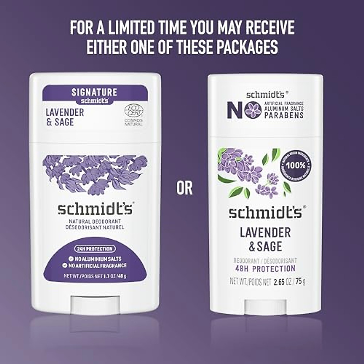 Schmidt's Aluminum-Free Vegan Deodorant Lavender & Sage with 24 Hour Odor Protection, 2 Count for Women and Men, Natural Ingredients, Cruelty-Free, 2.65 oz