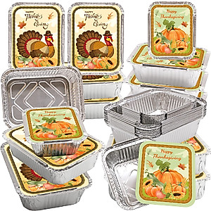 WorldBazaar Thanksgiving Aluminum Food Containers with Lids 24PCS Thanksgiving Leftover Containers with Lids 2 Size Disposable Turkey Aluminum Containers Thanksgiving Party Supplies