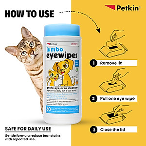 Petkin Jumbo Pet Eye Wipes, 80 Extra Moist Wipes - Gentle Eye Cleansing Wipes Remove Dirt, Discharge, & Tear Stains - Safe, Convenient, & Easy to Use Pet Wipes for Dogs, Cats, Puppies & Kittens