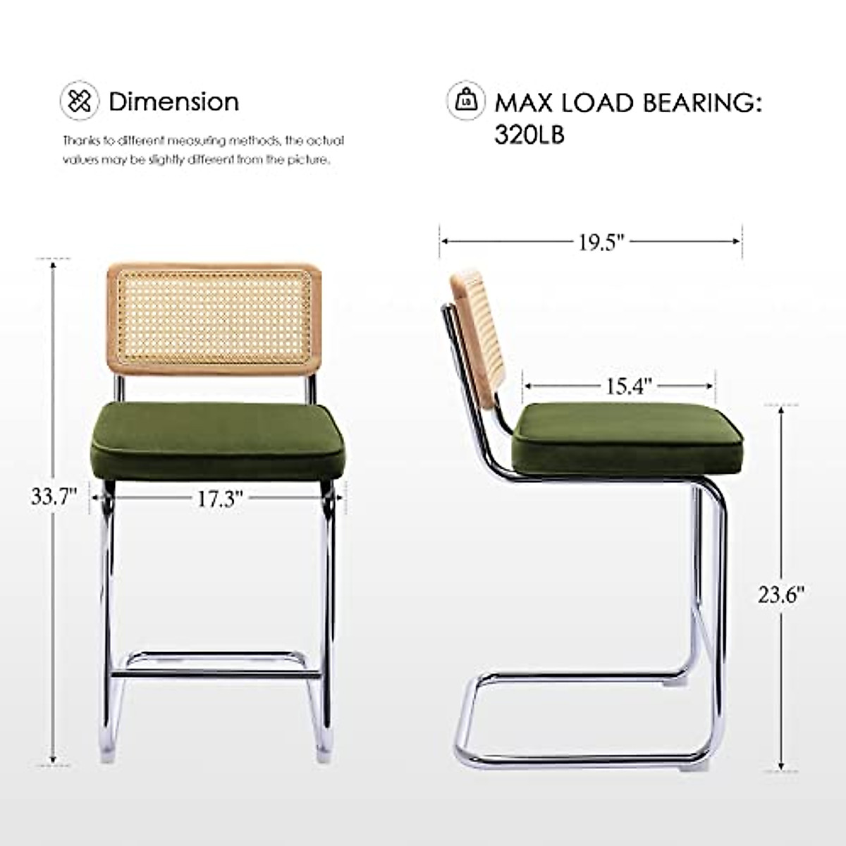 Zesthouse Modern Counter Height Stools, 24'' Natural Rattan Barstools Set of 2, Velvet Kitchen High Chairs with Backs, Mid Century Cantilevered Design Counter Chairs Island Stools, Green