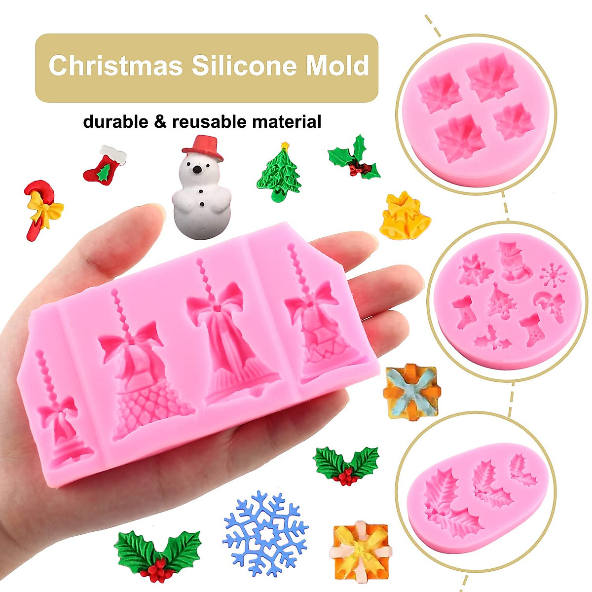 ZiXiang Christmas Silicone Molds Xmas Fondant Molds Christmas Tree Snowflake Bells Gift Box Snowman Holly Leaves Silicone Molds For Cake Decorating Cupcake Topper Candy Chocolate Gum Paste Set Of 7