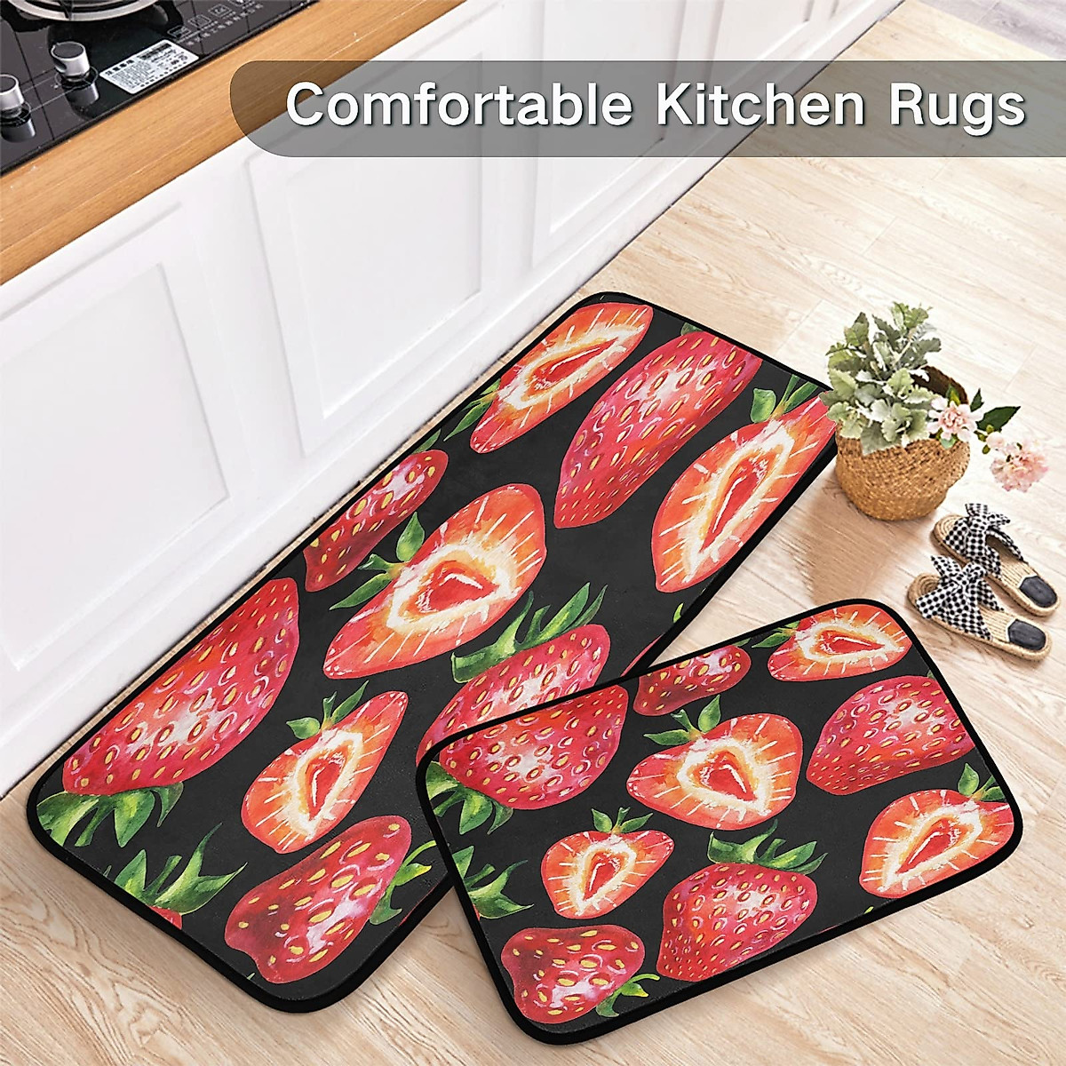 ALAZA Strawberry Red Black 2 Piece Kitchen Rug Floor Mat Set Runner Rugs Non-Slip for Kitchen Laundry Office 20" x 28" + 20" x 48"