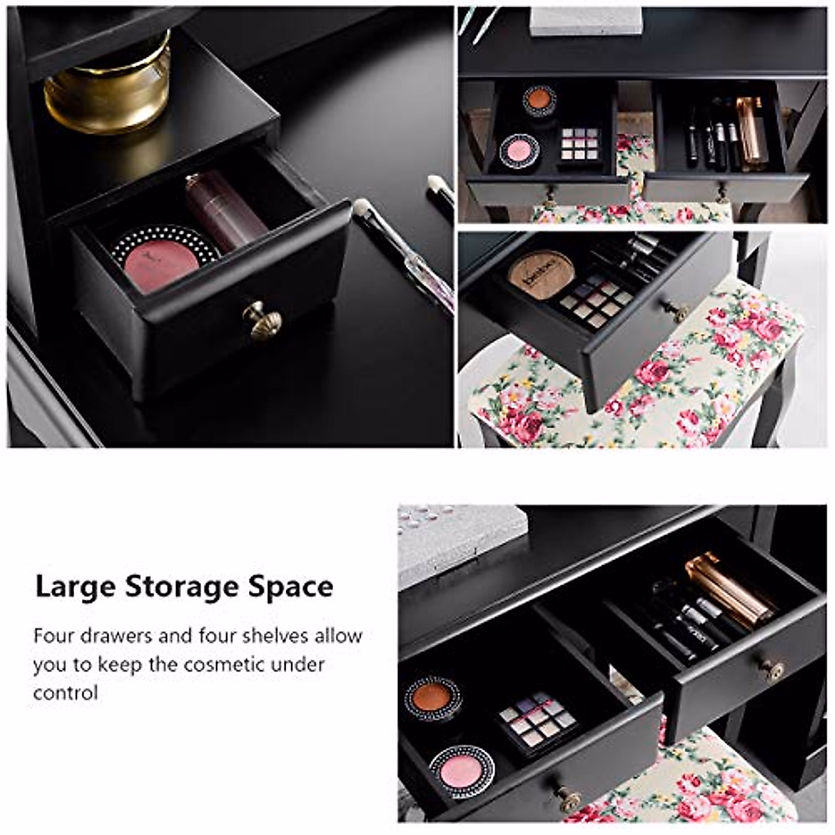 CHARMAID Vanity Set with 4 Storage Shelves and 4 Drawers, Makeup Table with 360° Pivoted Round Mirror and Makeup Organizers, Dressing Table with Mirror and Cushioned Stool for Women Girls (Black)