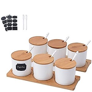 TAMAYKIM 8 OZ Porcelain Condiment Jars, Seasoning Boxes with Spoons and Bamboo Cover, Ceramic Sugar Bowls with Lid, Condiment Container for Kitchen, Pack of 6