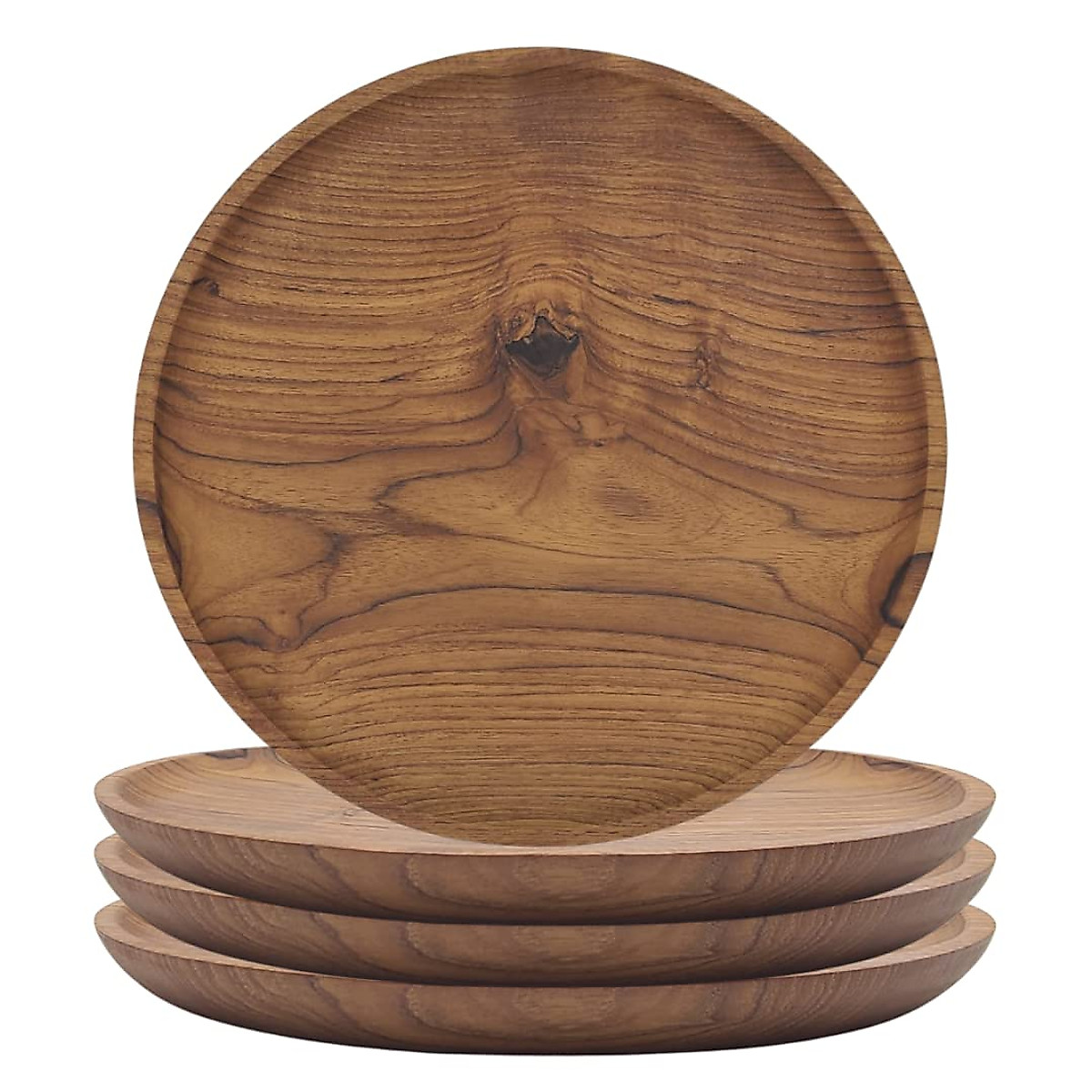 YUNIFF Wooden Plates, Teak Wood Dinner Plates, Round Serving Tray Or Serving Dishes All Natural Charger Plates Table Decor, Set Of 4, 12 Inch Wood Plates, Housewarming