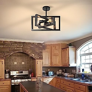 HuisMier 3 Lights Farmhouse Ceiling Light, Rustic Black Semi Flush Mount Ceiling Light Fixture Rectangular Metal Chandelier Lighting for Kitchen Foyer Hallway Bedroom Living Room Bathroom Entrance