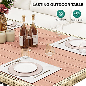 YITAHOME 6-Piece Patio Wicker L-Shaped Furniture Set, All-Weather Rattan Outdoor Conversation Sofa Set for Backyard Deck with Soft Cushions,Ottomans and Plastic Wood Dining Table (Light Brown+Beige)