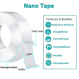SHANDERBAR Nano Double Sided Tape Heavy Duty, Multipurpose Removable Mounting Adhesive Grip Tape,Washable Sticky Strong Wall Tape Strips Transparent Tape Poster Carpet Tape for Paste Items,Household