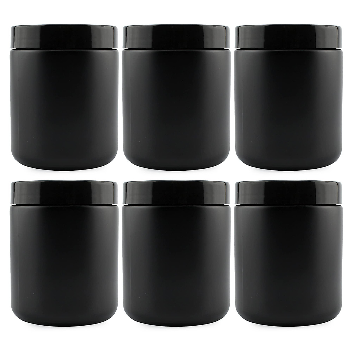 Cornucopia 8oz Black Coated Glass Jars (6-Pack); Cosmetic Jars with Black Plastic Lids and Black Matte Exterior, 8-Ounce / 9-ounce Capacity