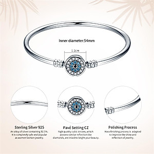 BISAER Evil Eye Bracelet Sterling Silver Clasp Charm Bangle Bracelet for Bead Charms with Sapphire Gemstones Evil Eye Clip Lock Stopper(17/19cm/ 21cm)