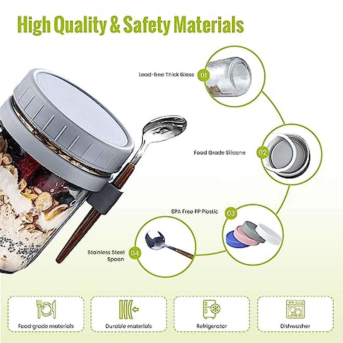 SNGKMSYG Overnight Oats Containers with Lids 2 Pack Mason Jars for Overnight Oats 12 oz Large Sealed Glass Meal Prep Container for Overnight Oats, Cereal, Yogurt, Milk, Salad with Measurement Marks