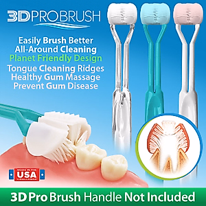 3D PRO BRUSH | 3-Sided Toothbrush | 7-Pack Replacement Heads | 3X Triple Clean + Soft Gum Massage| Built-In Tongue Scraper | Sustainable Eco-Friendly Design | Kids Adults Braces Travel | MADE IN USA