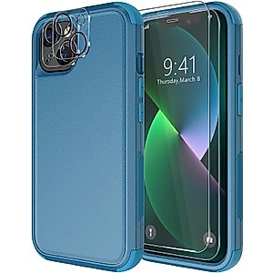 Diverbox for iPhone 13 Case [Shockproof] [Dropproof] [Tempered Glass Screen Protector + Camera Lens Protector],Heavy Duty Protection Phone Case Cover for Apple iPhone 13 (Blue)