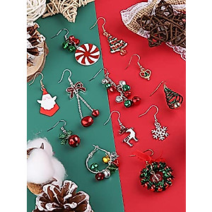 12 Pairs Christmas Dangle Earrings, Kalolary Christmas Tree Santa Claus Bow Jingle Reindeer Snowflake Plated Alloy Xmas Earrings Christmas Themed Pierced Hook Drop Earrings for Women