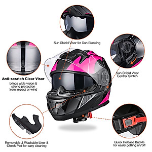 AHR Motorcycle Helmet Dual Visor Modular Flip up Full Face Helmet DOT Approved - AHR Helmet Run-M3 for Adult Motorbike Street Bike Moped Racing (Black Pink, L)