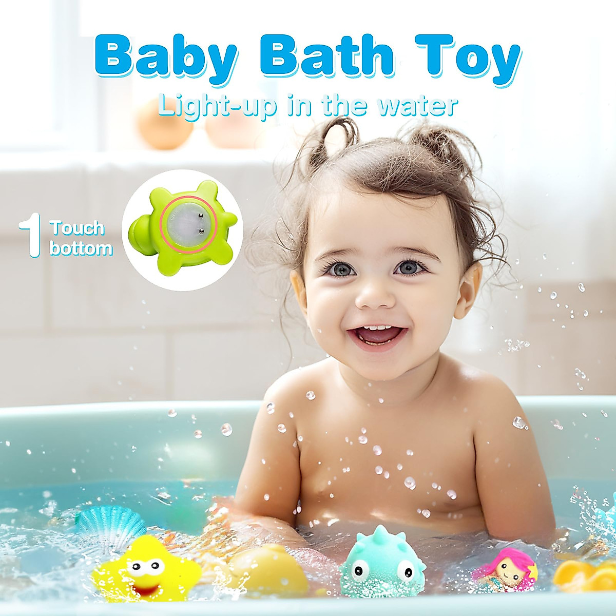 Light Up Bath Toys, 9pcs No Hole Mold Free Toddler Flashing Colourful Bathtub Mermaid Toy, Floating Rubber Shower Toy for 6 to 12 Months Infant Baby Age 1-3 Kids Boy Girl Birthday