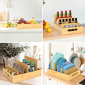 Retro Shaw Bamboo Food Container Lid Organizer for Cabinet & Drawer,Kitchen Cabinet Organizer with 5 Adjustable Dividers for Plastic Lid Storage and Holder,Fit for Kitchen,Home,RVs,Campers,Pantry etc