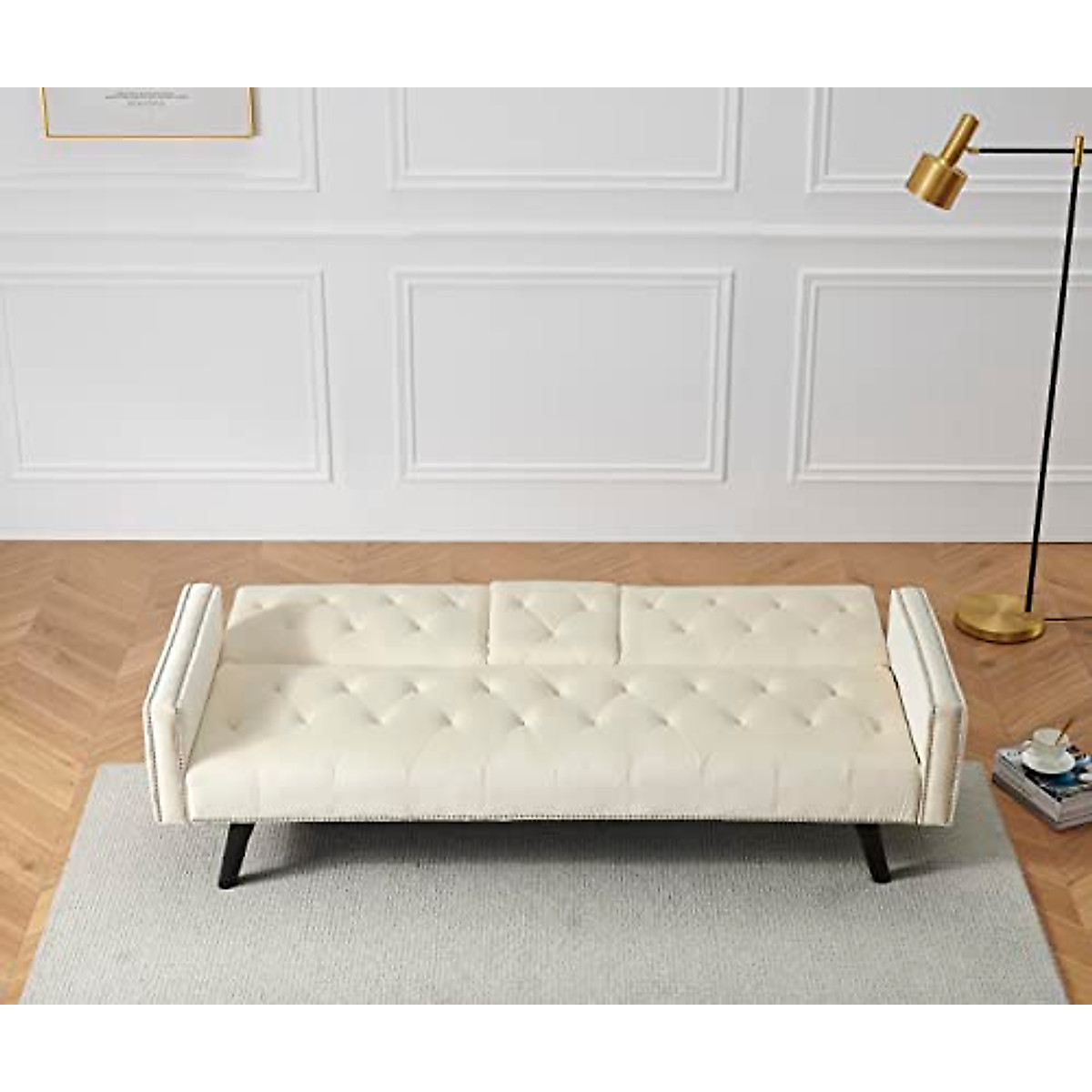 Livavege 72" Convertible Futon Sofa Bed Sleeper Daybed, Velvet Upholstered Folding Loveseat Sofabed Recliner, 3 Seaters Couches with Two Cup Holders for Living Room, Office, Aparment, 72 INCH, Beige