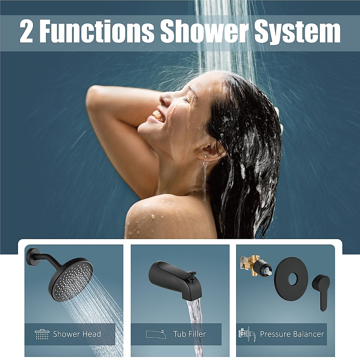 Aolemi Tub Shower Faucet Set With Valve Wall Mount Shower Trim Kit 6 Inch Bathtub Fixtures Rough-in Valve Single-Spray Shower Head System 5.3 Inch Tub Spout Matte Black Modern