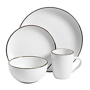 Gibson Home Rockaway Round Stoneware Dinnerware Set, Service for 4 (16pcs), Matte White/Metallic Rim