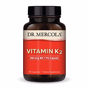 Dr. Mercola Vitamin K2, 90 Servings (90 Capsules), 180 mcg MK-7 Per Capsule, Dietary Supplement, Promotes Healthy Arterial Function, Non-GMO