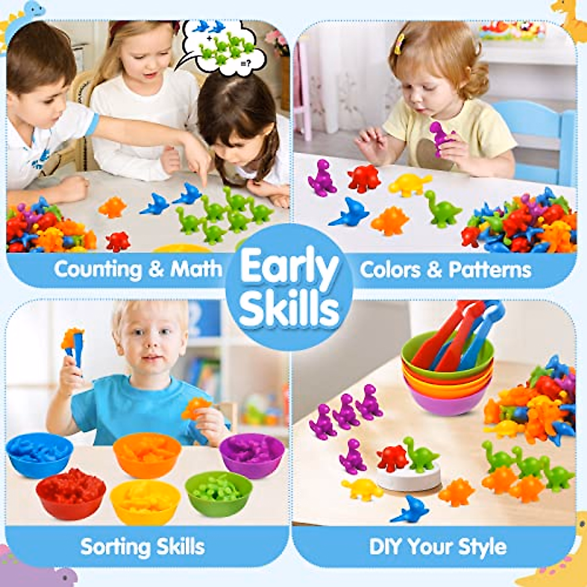 Counting Dinosaurs Toys Matching Game with Sorting Bowls Preschool Learning Activities Montessori Sensory Teaching Toys for Math Counters Color Sorting for Toddlers Kids Age 3+ Old Boys Girls