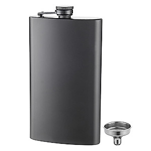 FYL 12 Oz 18/8 Stainless Steel Hip Flask for Liquor with Never-Lose Cap, Leakproof Easy Pour Funnel is Included, Matte Black