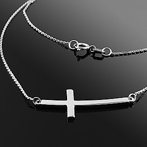 .925 Sterling Silver Curved Pendant Sideways Cross Necklace with 16" Rolo Chain