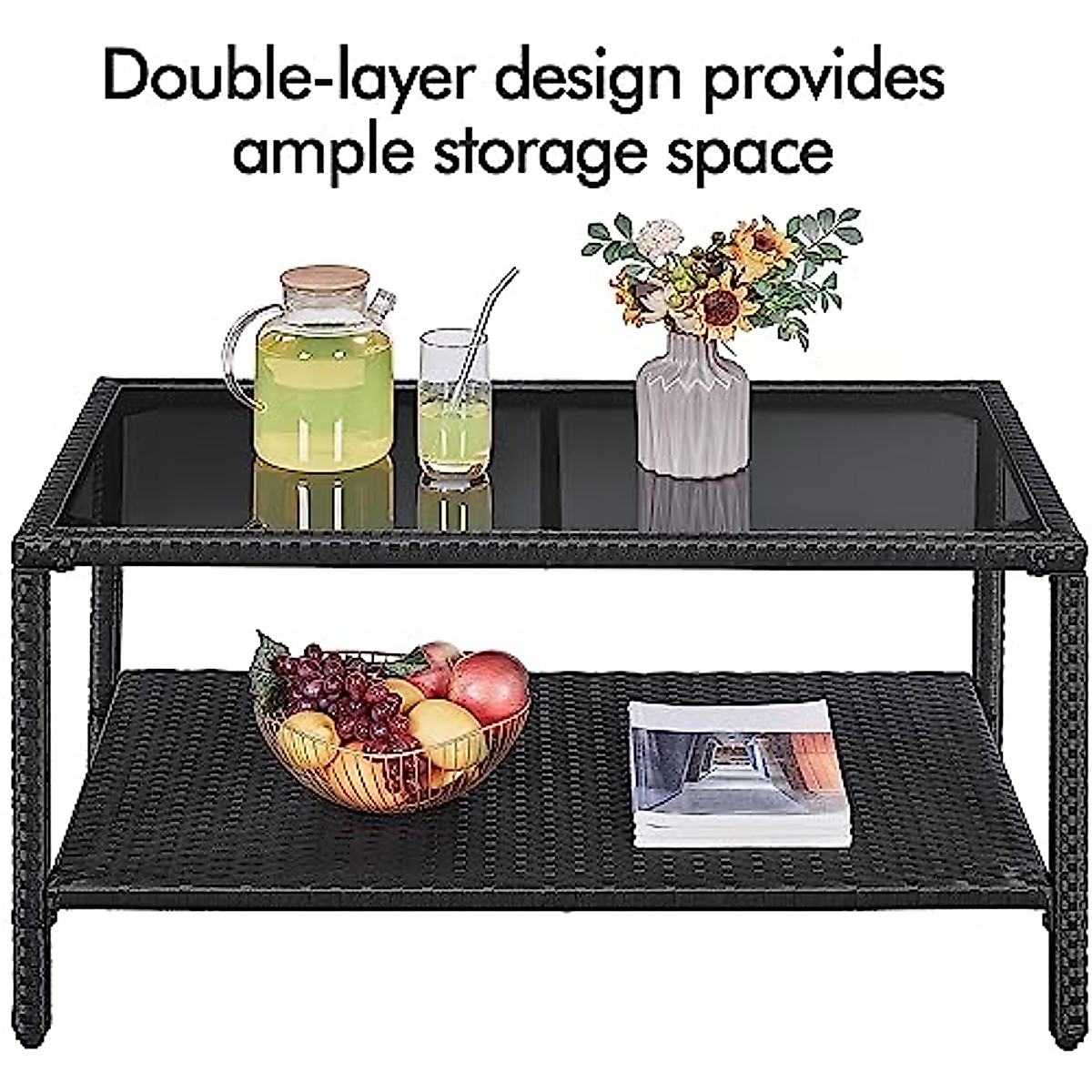 Yaheetech Outdoor Wicker Coffee Table Storage Table, All-Weather Rattan Side Table with Tempered Glass Top, Patio Furniture Garden Coffee Table