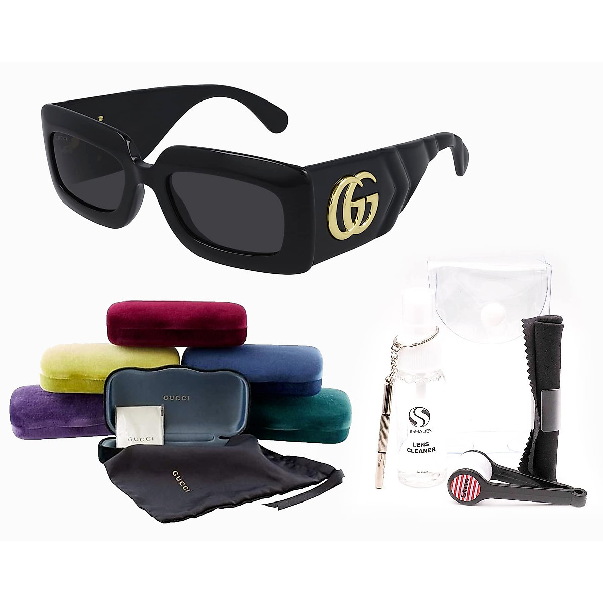 Gucci GG0811S Black Grey Rectangle Women's Sunglasses + Bundle with eSHADES Luxury Eyewear Kit