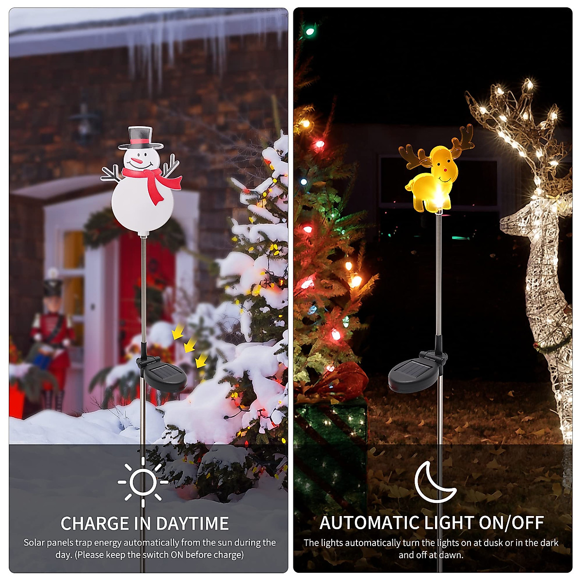 Glintoper 4 Pack Solar Christmas Figurine Lights, Outdoor Lighted Decorative Santa Claus, Snowman, Xmas Tree & Reindeer with Garden Stakes, Warm White LED Lighting Yard Stake for Path Lawn Patio Decor