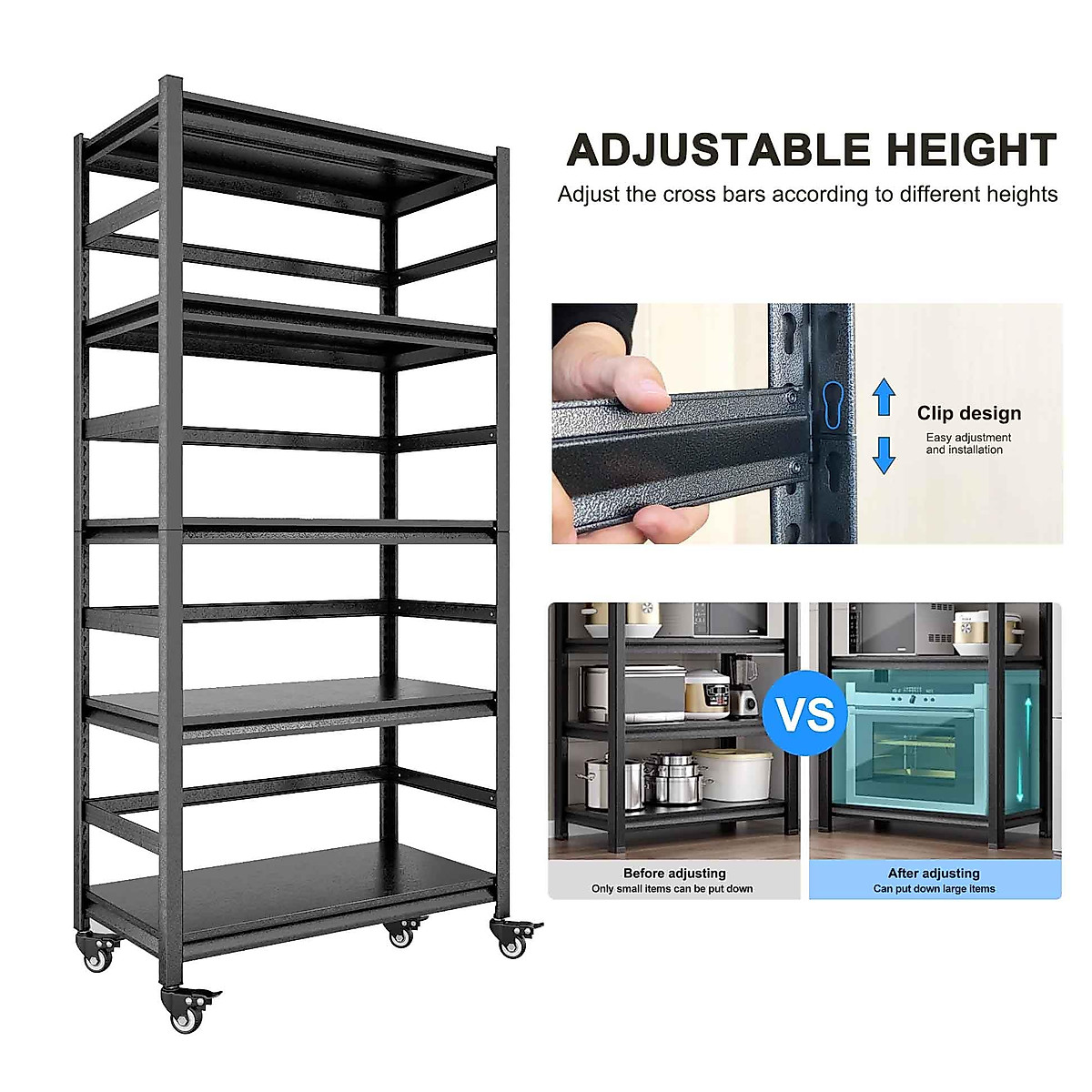 STELSIPLIY 5-Tier Metal Storage Shelves with Wheels, Heavy Duty Metal Shelving Unit, Rolling Kitchen Adjustable Shelves for Kitchen, Bathroom, Garage, Pantry, Easy Assembly, Black